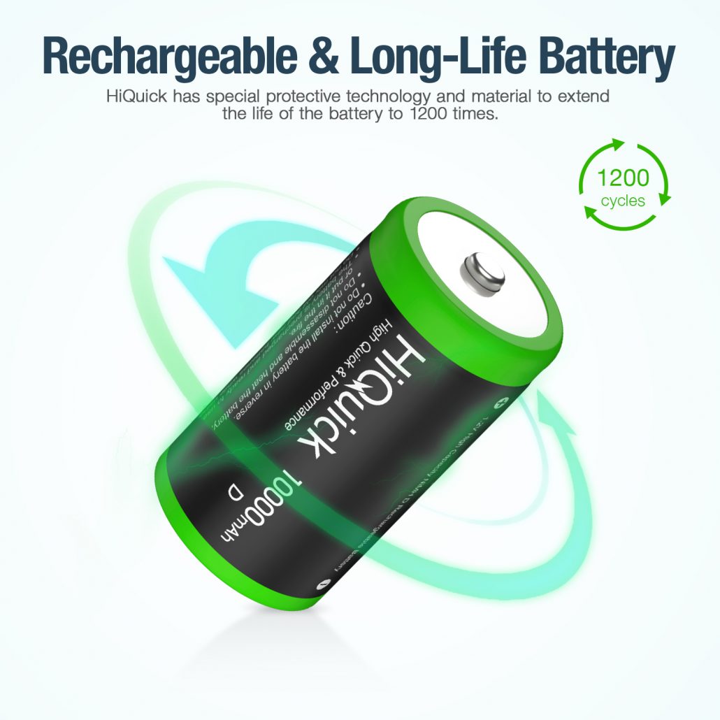 HiQuick D Rechargeable Batteries, 10000mAh 1.2V NiMH Per-Charged D Cell ...