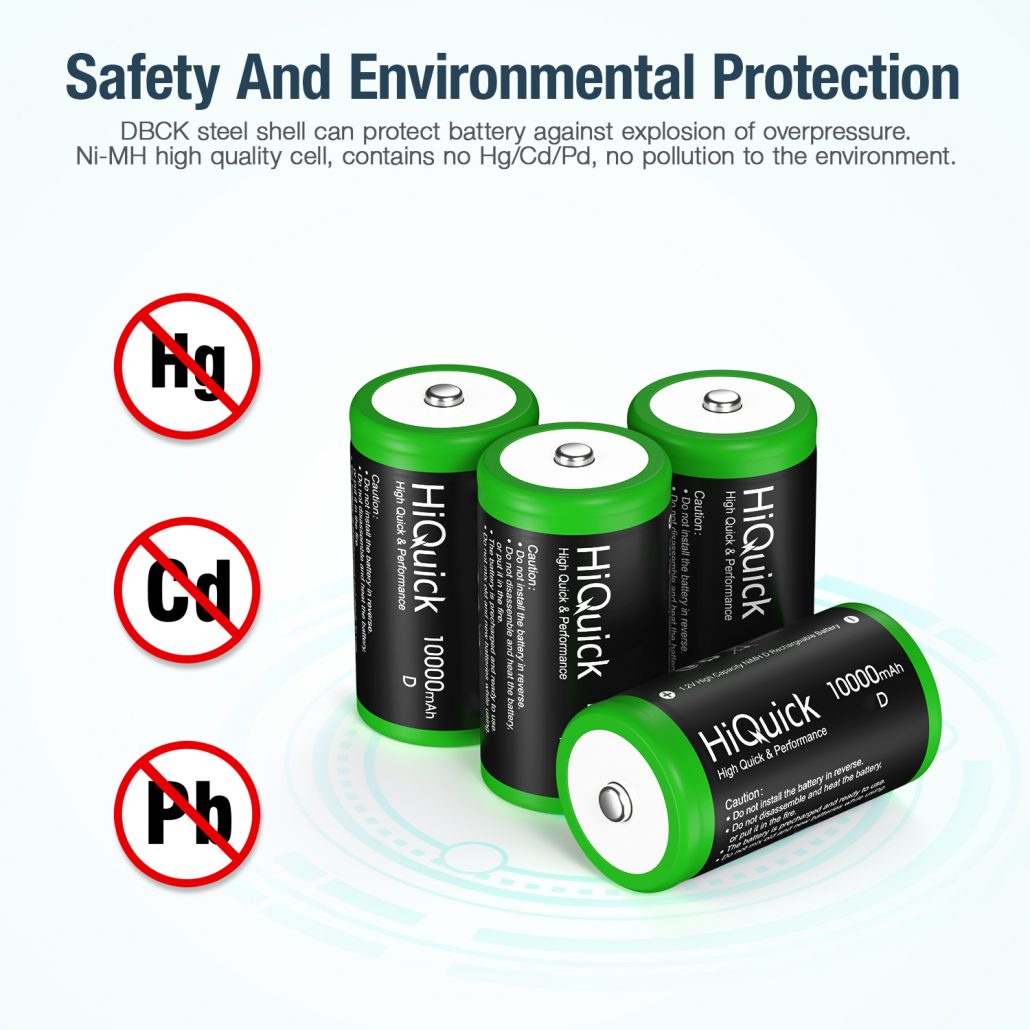 HiQuick D Rechargeable Batteries, 10000mAh 1.2V NiMH Per-Charged D Cell ...