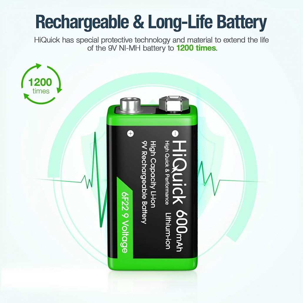 HiQuick 9V Lithium Rechargeable Batteries, 600mAh High Capacity Durable ...