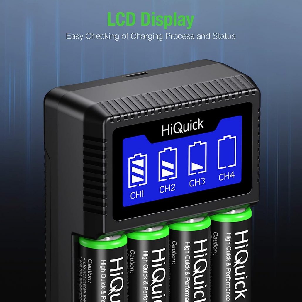 HiQuick 4 Bay AA AAA Battery Charger, USB Input Fast Charging and Independent Charging Slot with ...
